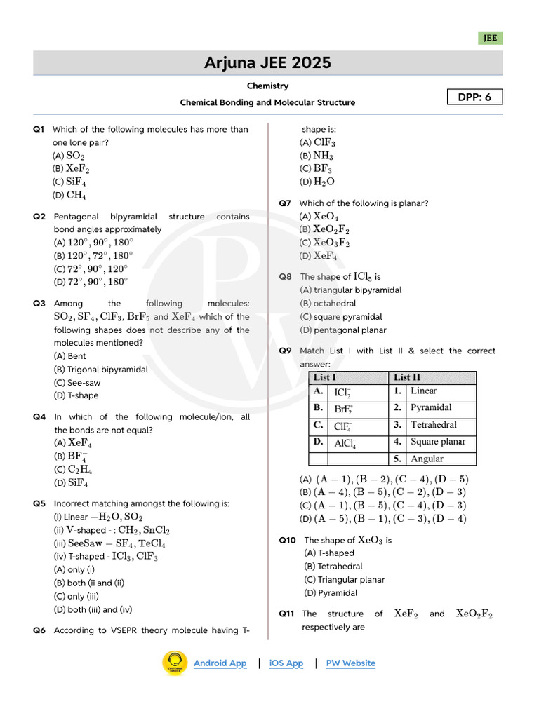 Chemical Bonding and Molecular Structure - DPP 06 (Of Lec 10) - Arjuna JEE 2025 | PDF ...