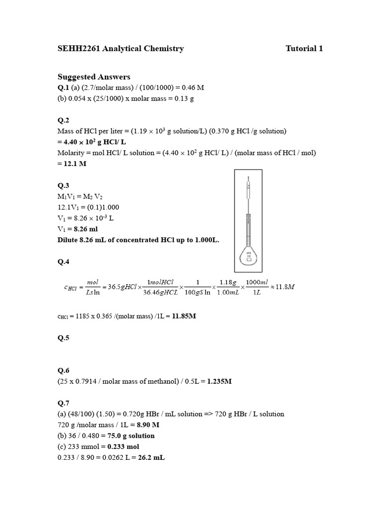 SEHH2261 Analytical Chemistry Tutorial 1 Answers 202324 s2 | PDF | Molar Concentration | Mole (Unit)