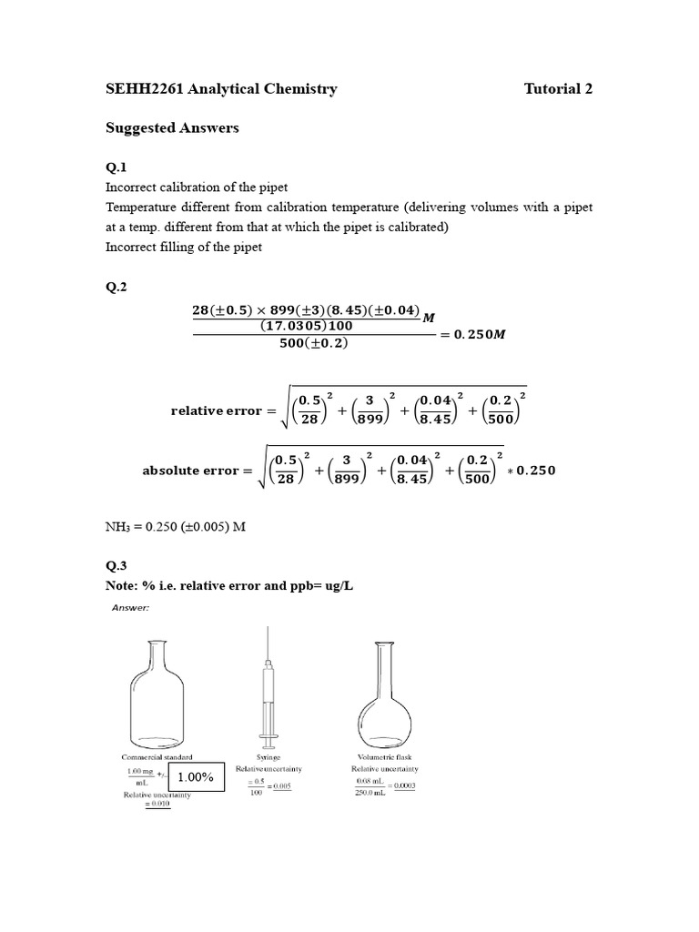 SEHH2261 Analytical Chemistry Tutorial 2 Answers 202324 s2 | PDF | Metrology
