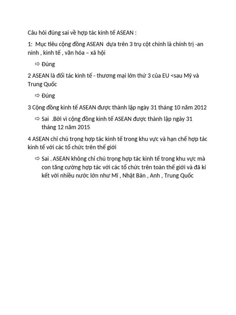 Câu Hỏi Đúng Sai Về Hợp Tác Kinh Tế ASEAN | PDF