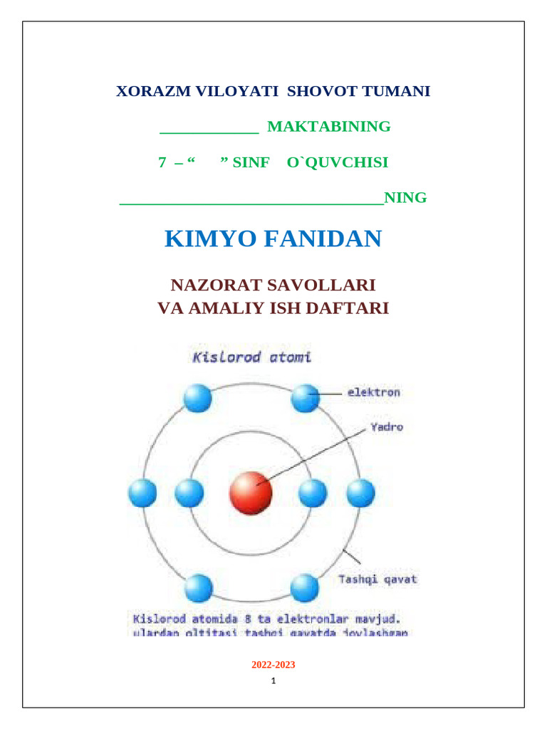 7-Sinf Kimyo Fanidan Nazorat Ishi Daftari 2022-2023 | PDF