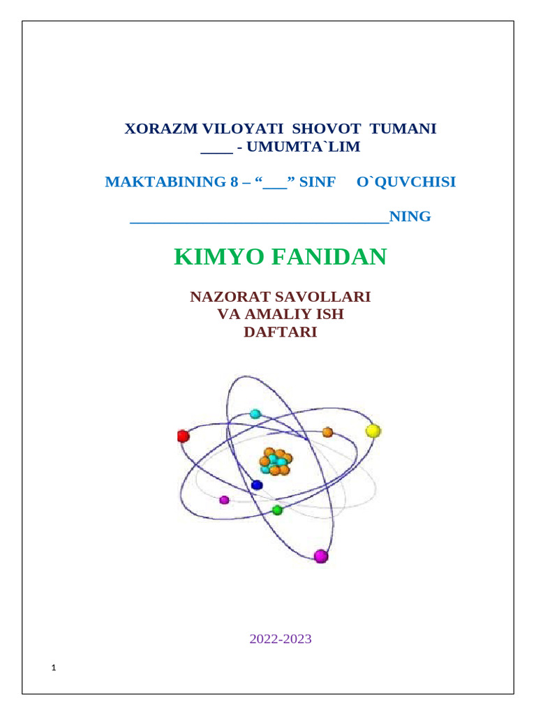 8-Sinf Kimyo Fanidan Nazorat Ishi Daftari 2022-2023 | PDF