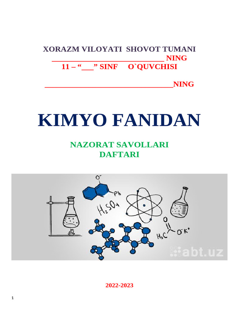 11-Sinf Kimyo Fanidan Nazorat Ishi Daftari 2022-2023 | PDF