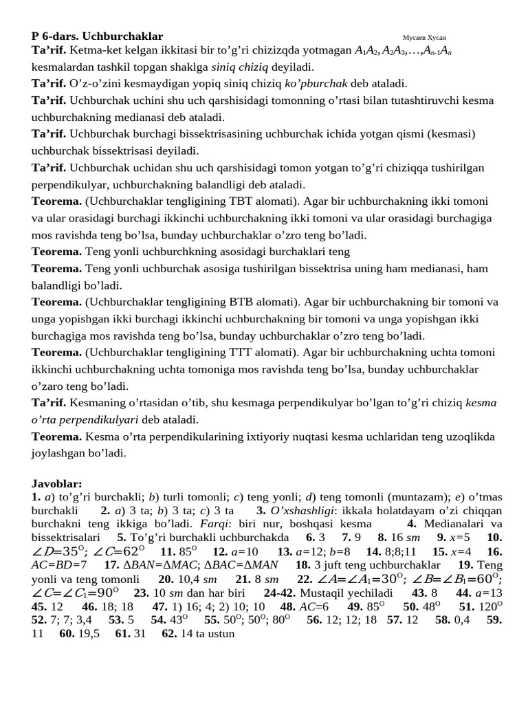 P 6-Dars. Uchburchaklar + | PDF