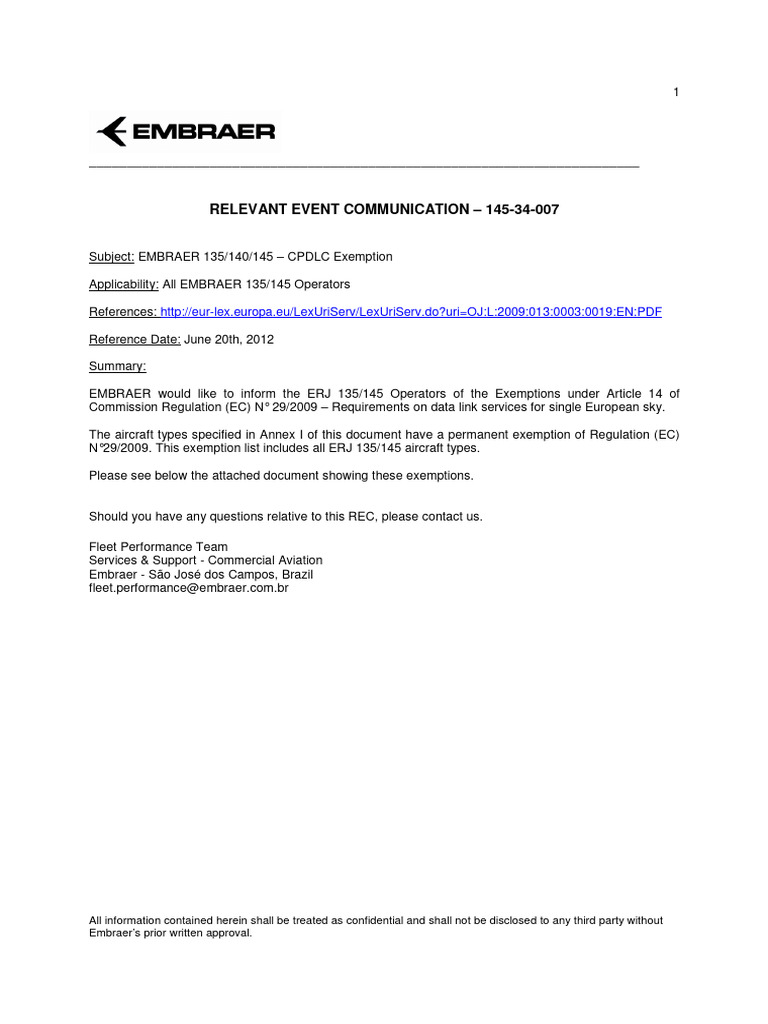 REC - EMBRAER 135145 - 34-007 - CPDLC Exemption | PDF