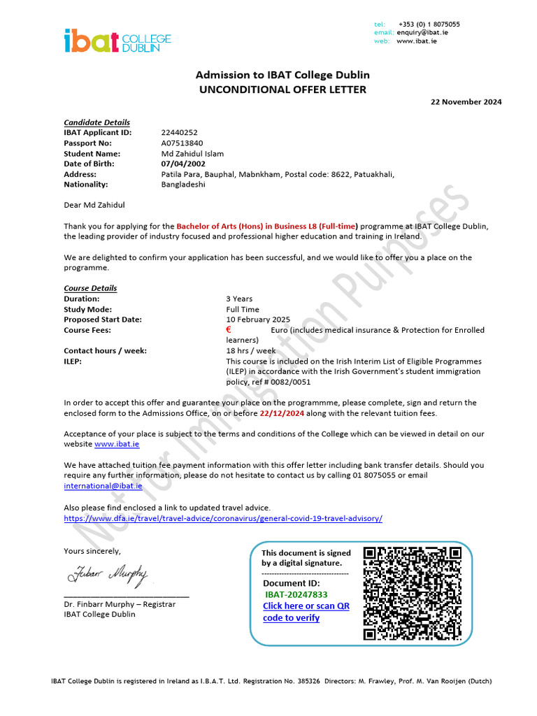 MdZahidulIslamQQI BA L8 INT UNCONDITIONAL OFFER LETTER | PDF | Wire ...