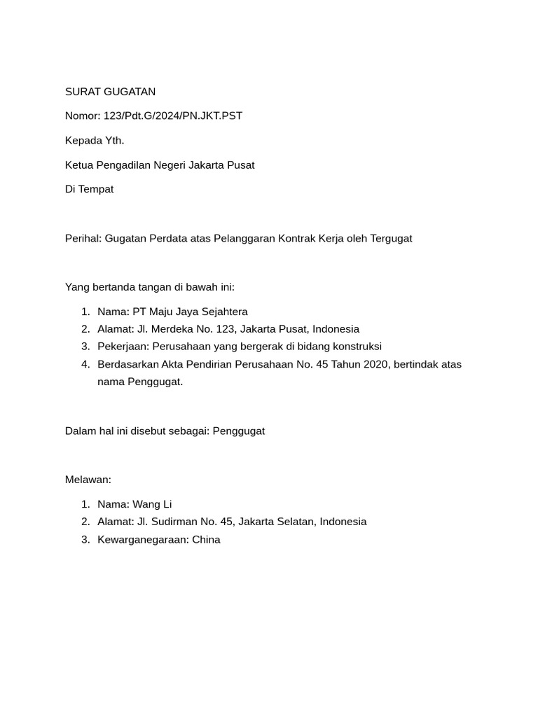 Dokumen Surat Gugatan Perdata Internasional | PDF