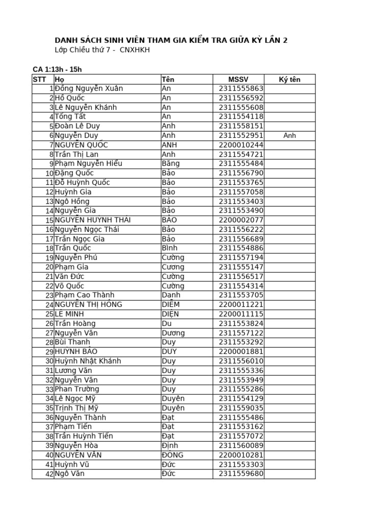 Danh Sach Chia Ca CT7 - CNXHKH | PDF