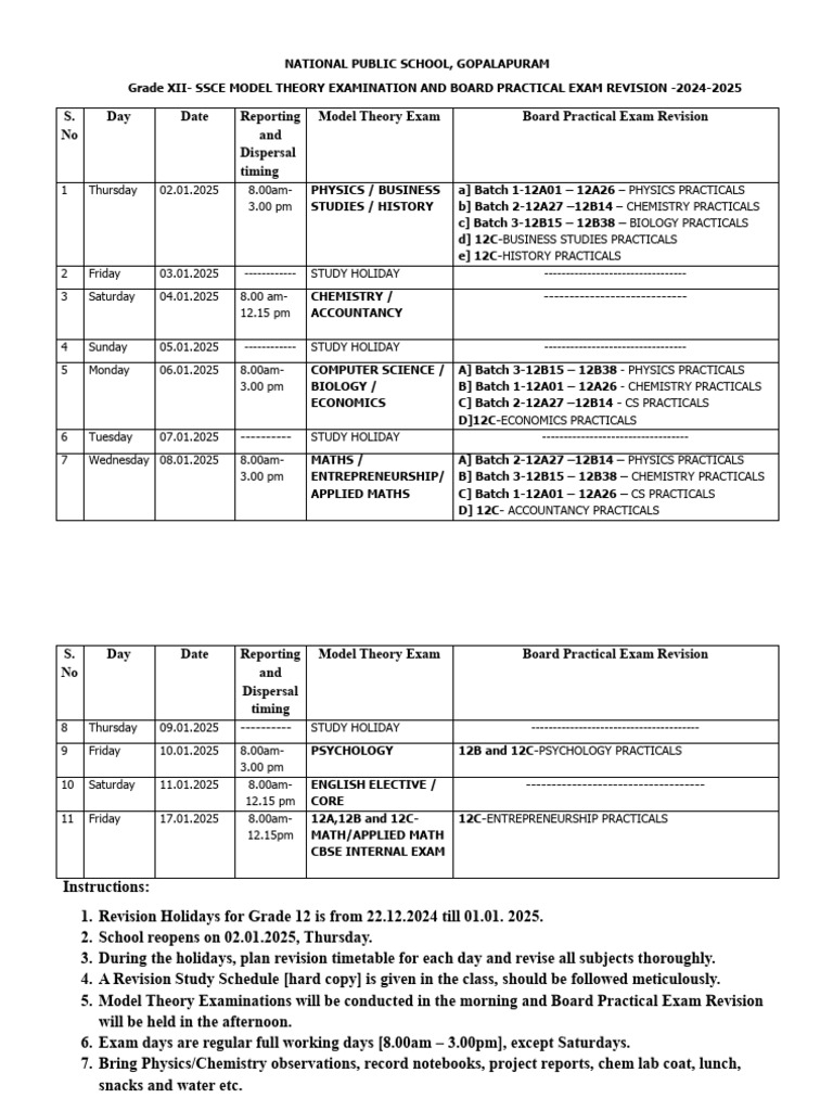 Grade 12 Exam Schedule 2025 | PDF
