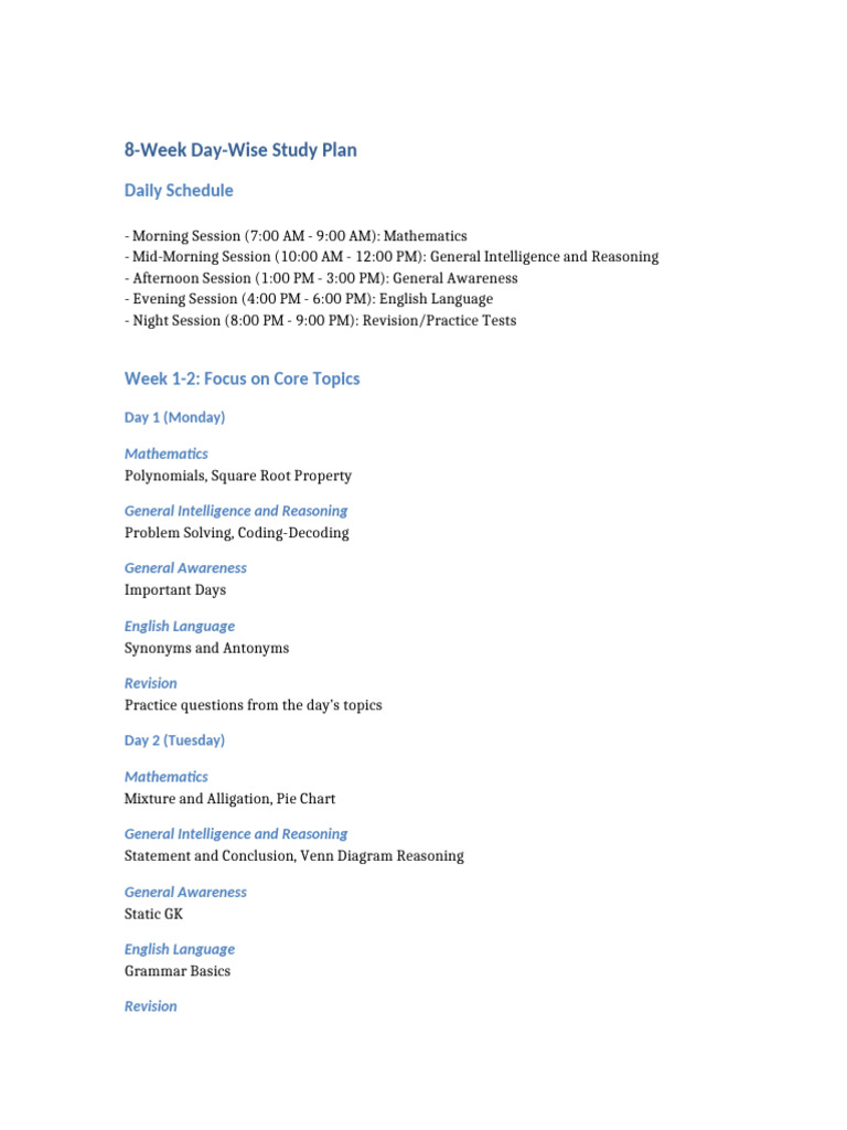 8-Week Study Plan | PDF