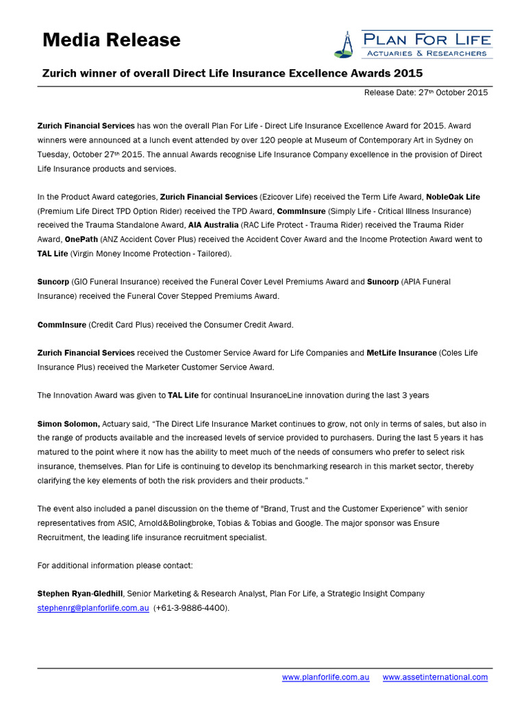 Zurich Wins 2015 Life Insurance Award | PDF | Life Insurance ...