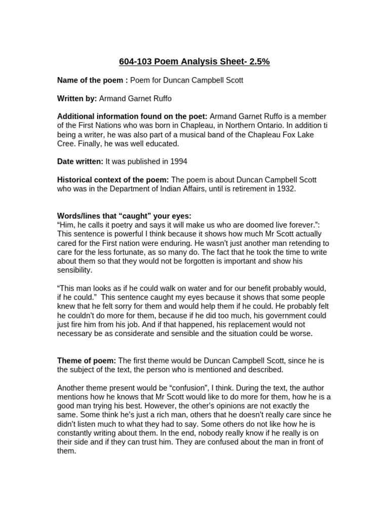 Reflection On Poem For Duncan Scott | PDF | Poetry