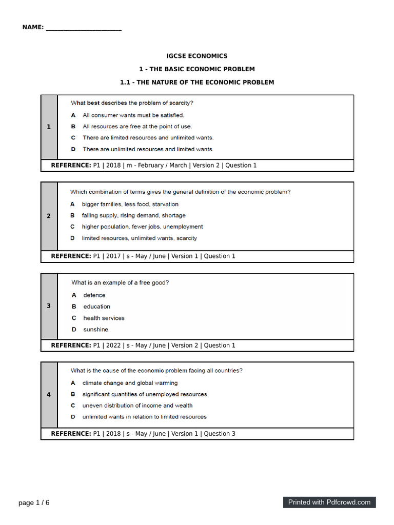 IGCSE Economics - 1.1 - The Nature of The Economic Problem | PDF