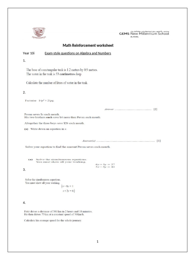 10i Math Reinforcement worksheet | PDF