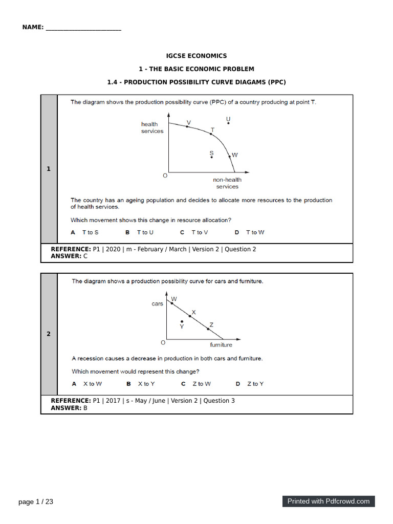 IGCSE Economics - 1.4 - Production Possibility Curve Diagams (PPC) | PDF