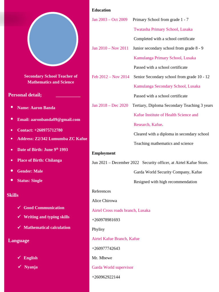 AARON BANDA'S CV (1) | PDF | Educational Stages