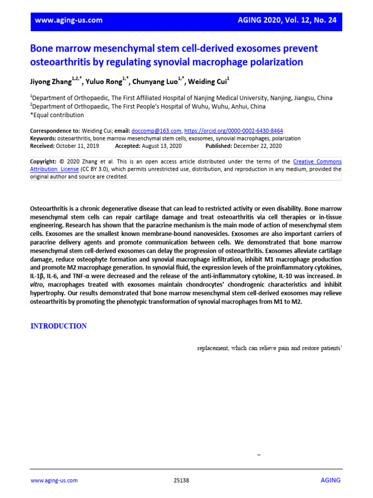 Bone Marrow Mesenchymal Stem Cell-Derived Exosomes Prevent Osteoarthritis By | PDF | Macrophage ...
