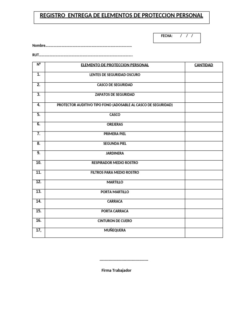 Registro Entrega de Epp Formato | PDF