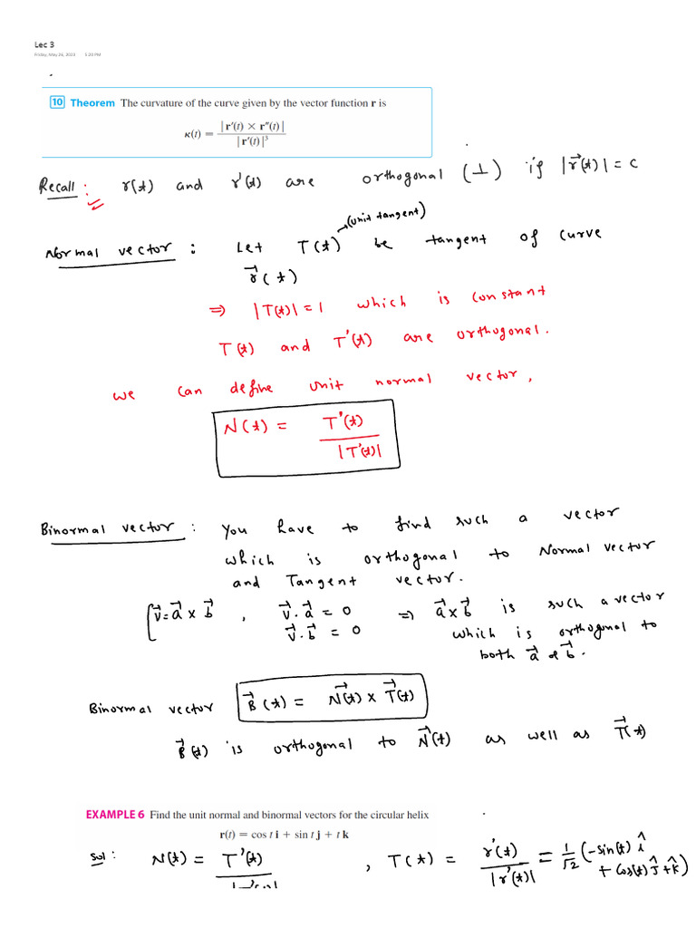 Lec 3 Tangent, Normal and Binormal (TNB Plane) | PDF
