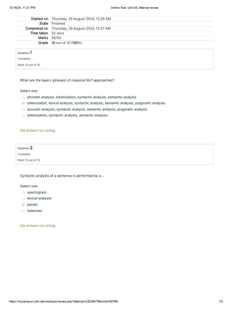 Online Test Results: NLP Concepts | PDF | Parsing | Semantics