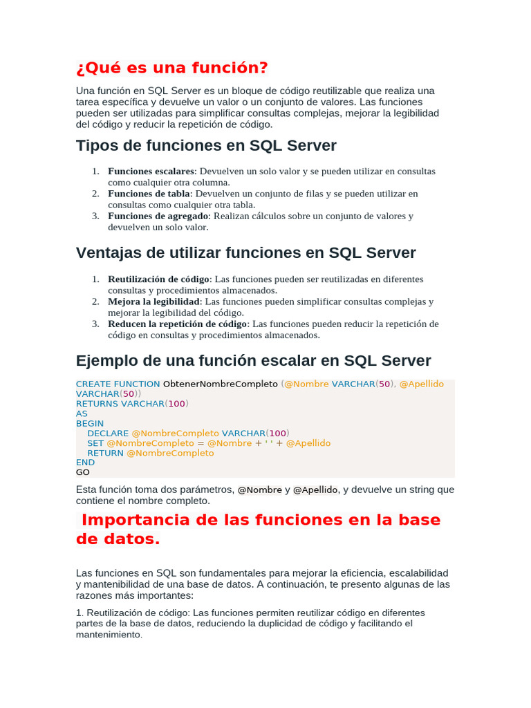 Funciones en SQL Server: Guía Básica | PDF | SQL | Servidor SQL de Microsoft