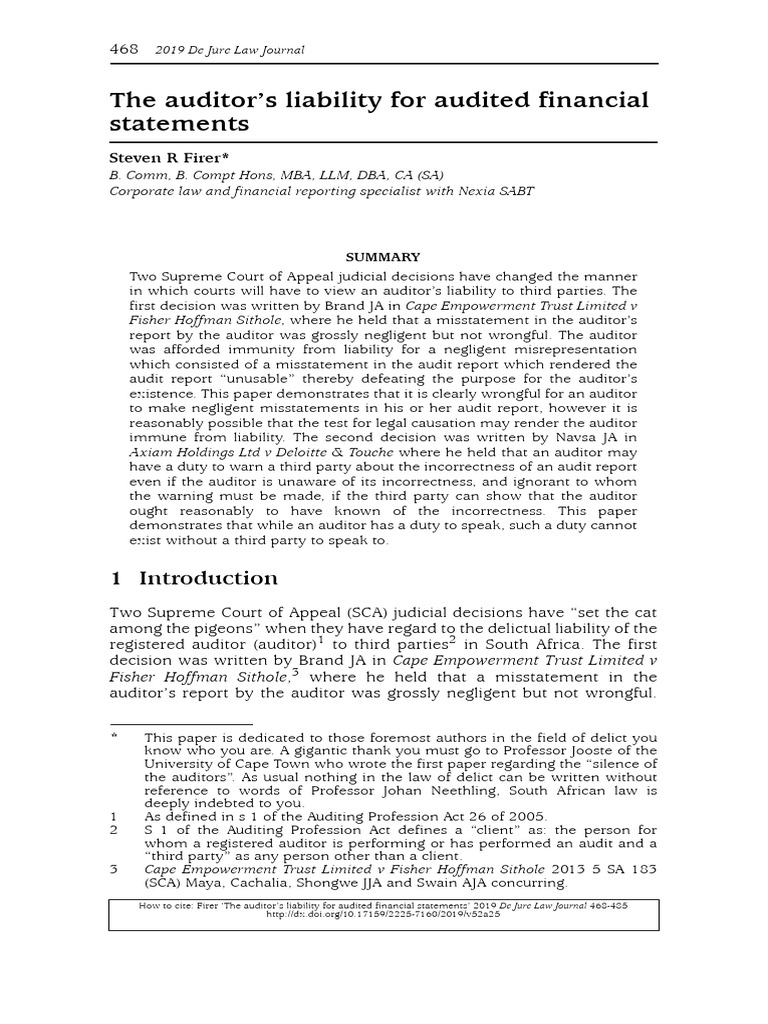 Article - The Auditor's Liability For Audited Financial Statements ...