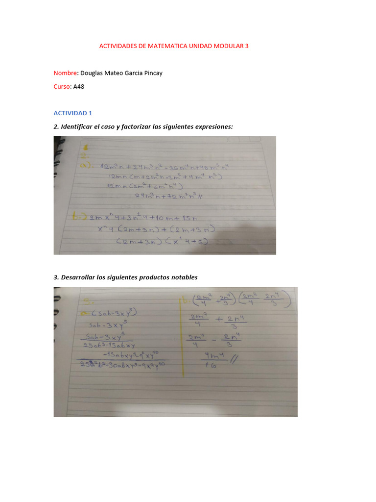ACTIVIDADES DE MATEMATICA UNIDAD MODULAR 3 Douglas | PDF