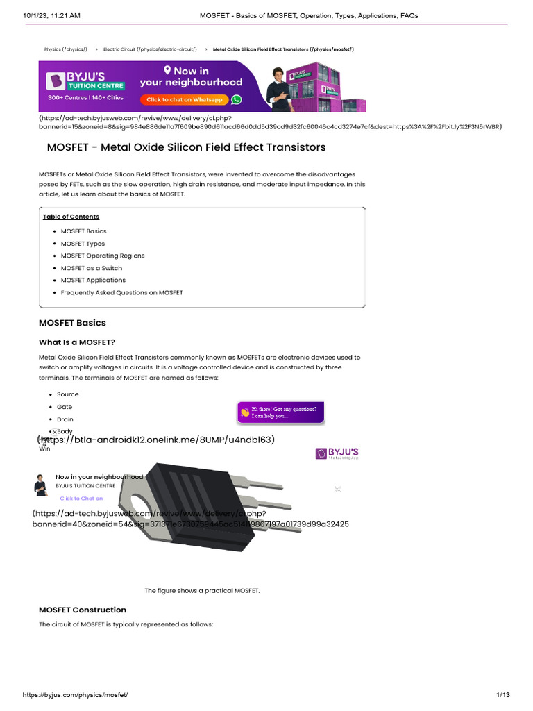 MOSFET - Basics of MOSFET, Operation, Types, Applications, FAQs | PDF | Field Effect Transistor ...