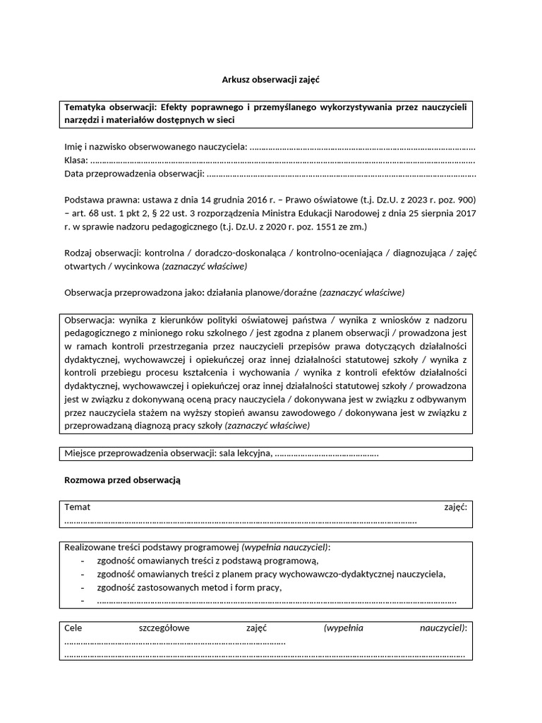 Arkusz Obserwacji - Narzędzia I Materiały Dostępne W Sieci | PDF