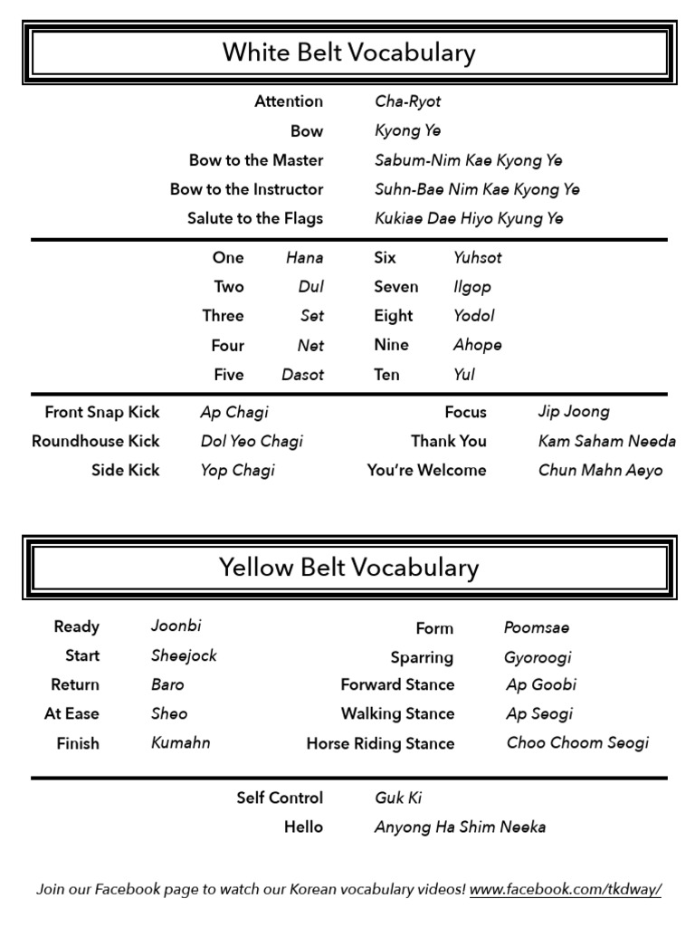 Taekwondo Vocabulary by Belt Level | PDF | Taekwondo | East Asian ...