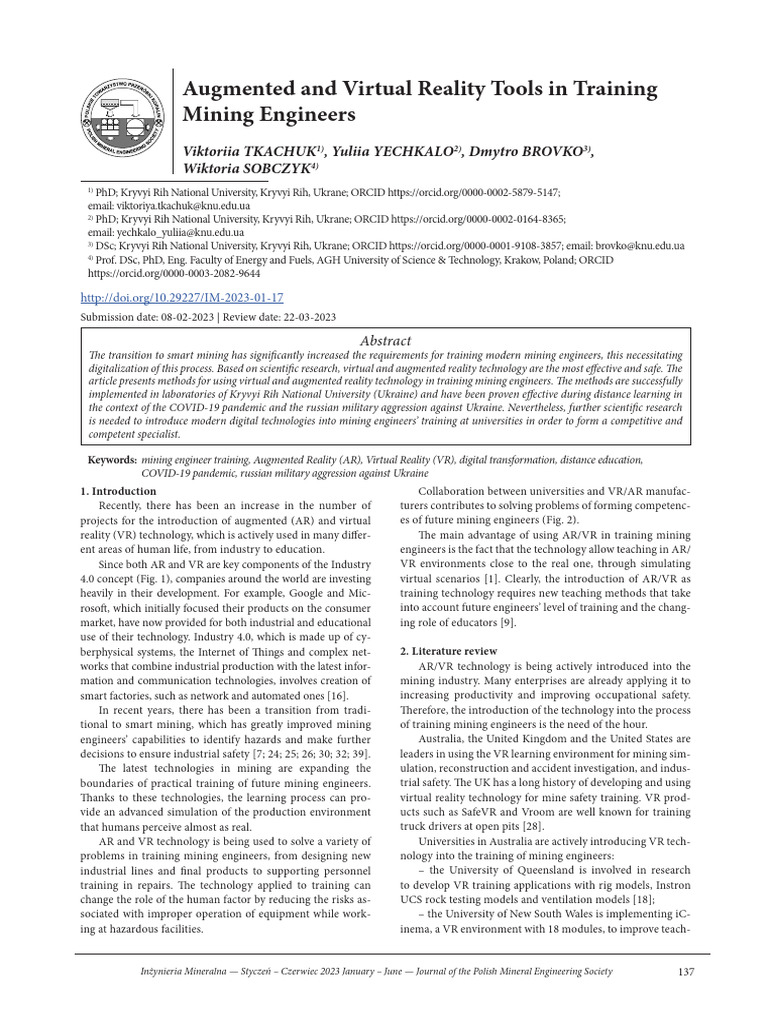 AR/VR Tools for Mining Engineer Training | PDF | Virtual Reality ...