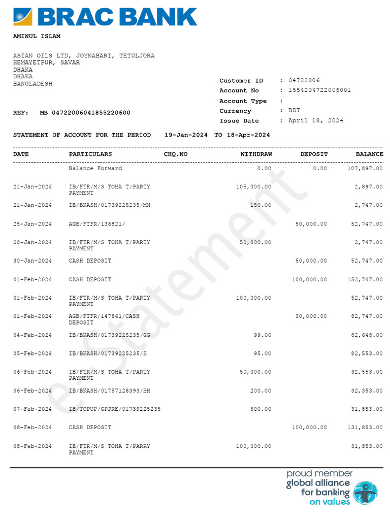 BRAC Bank Statement 18042024 | PDF | Banking Technology | Service ...
