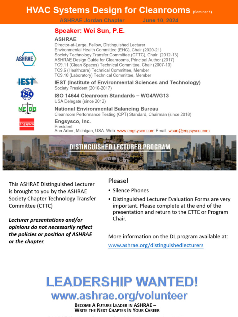 DL Sun - ASHRAE Jordan Chapter June 2024 On Cleanroom Design (Seminar 1 ...