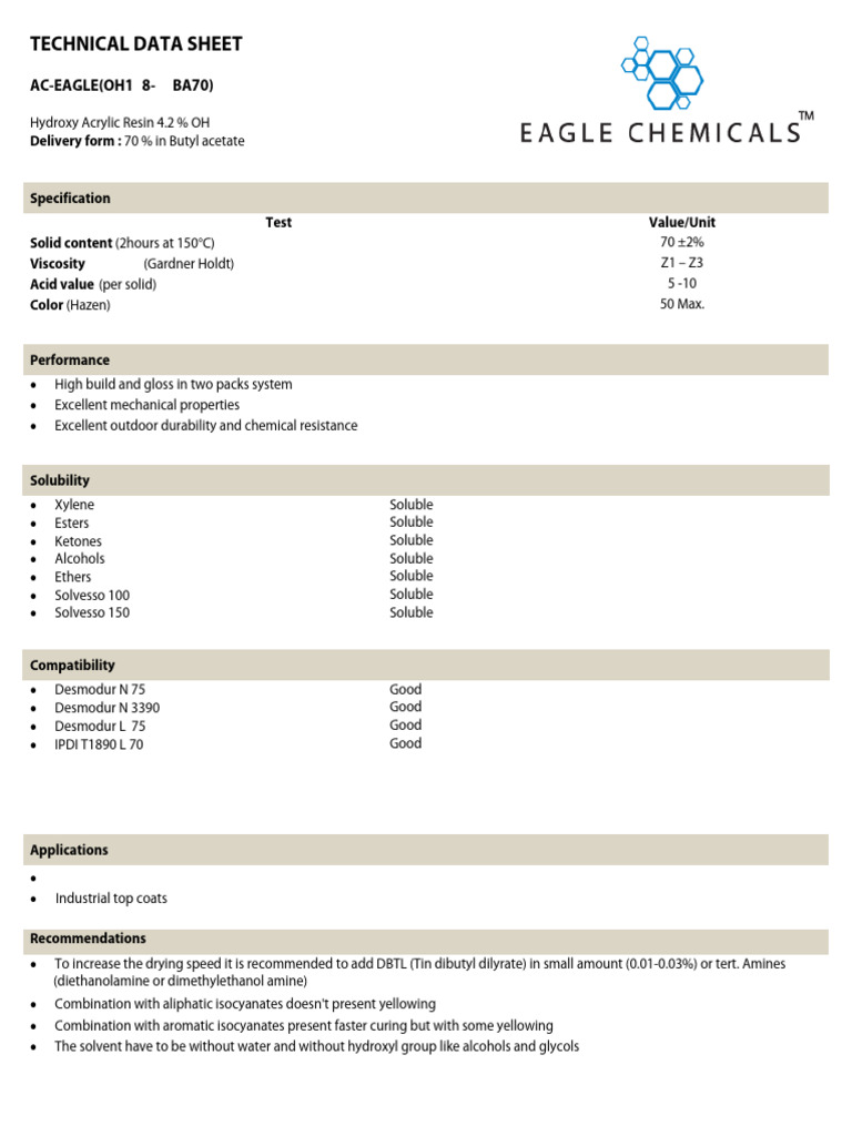 AC-EAGLE Hydroxy Acrylic Resin Data Sheet | PDF | Solubility | Amine