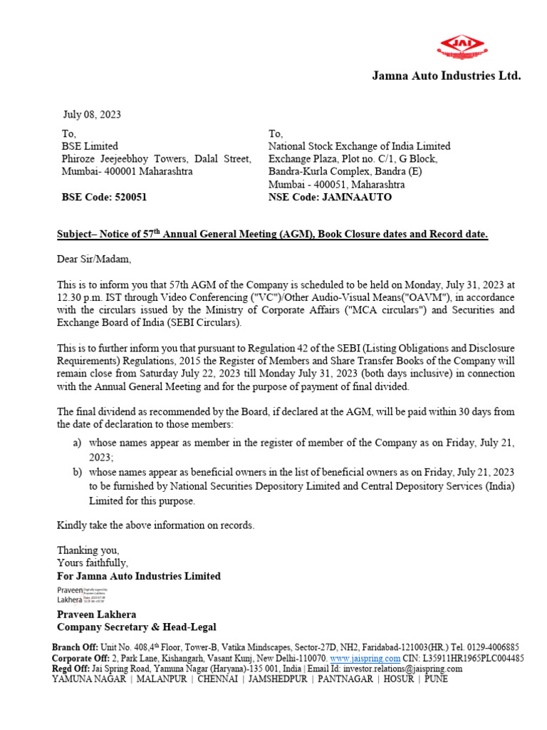 JAMNAAUTO 08072023150730 Intimation | PDF | Knowledge Economy | Stock Market