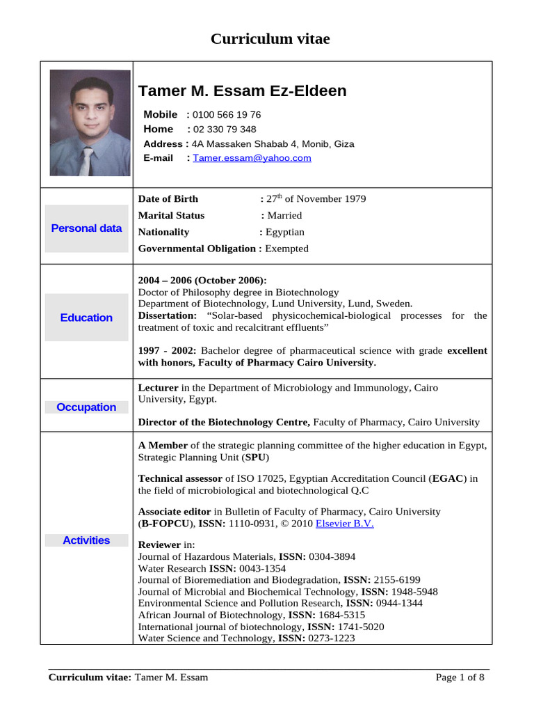 Tamer Essam's Biotechnology CV | PDF | Biotechnology | Biofilm