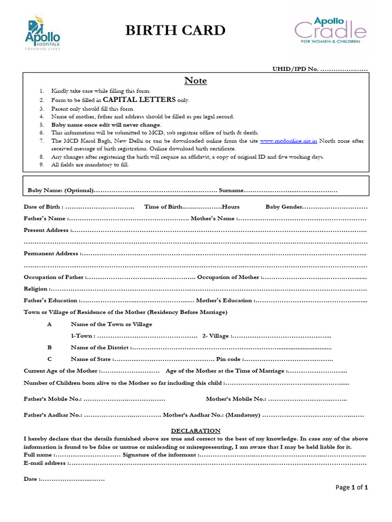 Birth Registration Card Template | PDF | Birth Certificate | Family