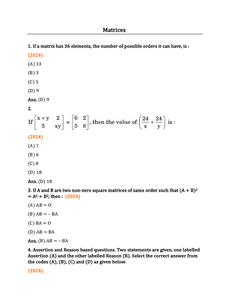 Matrix Quiz for Math Enthusiasts | PDF