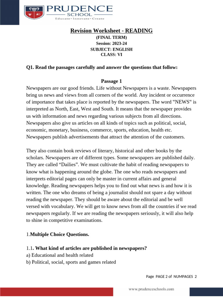 g6 Final Term Reading Revision - 2023-24 | PDF | Monsoon | Waste