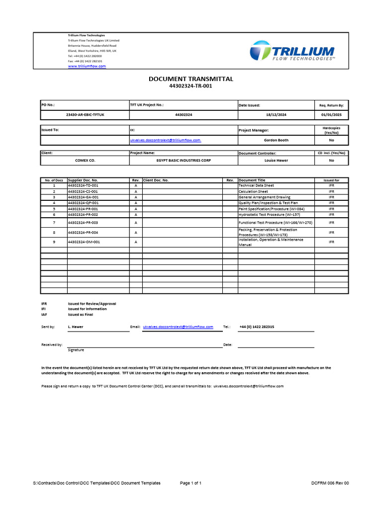Trillium Flow Technologies Document Transmittal | PDF