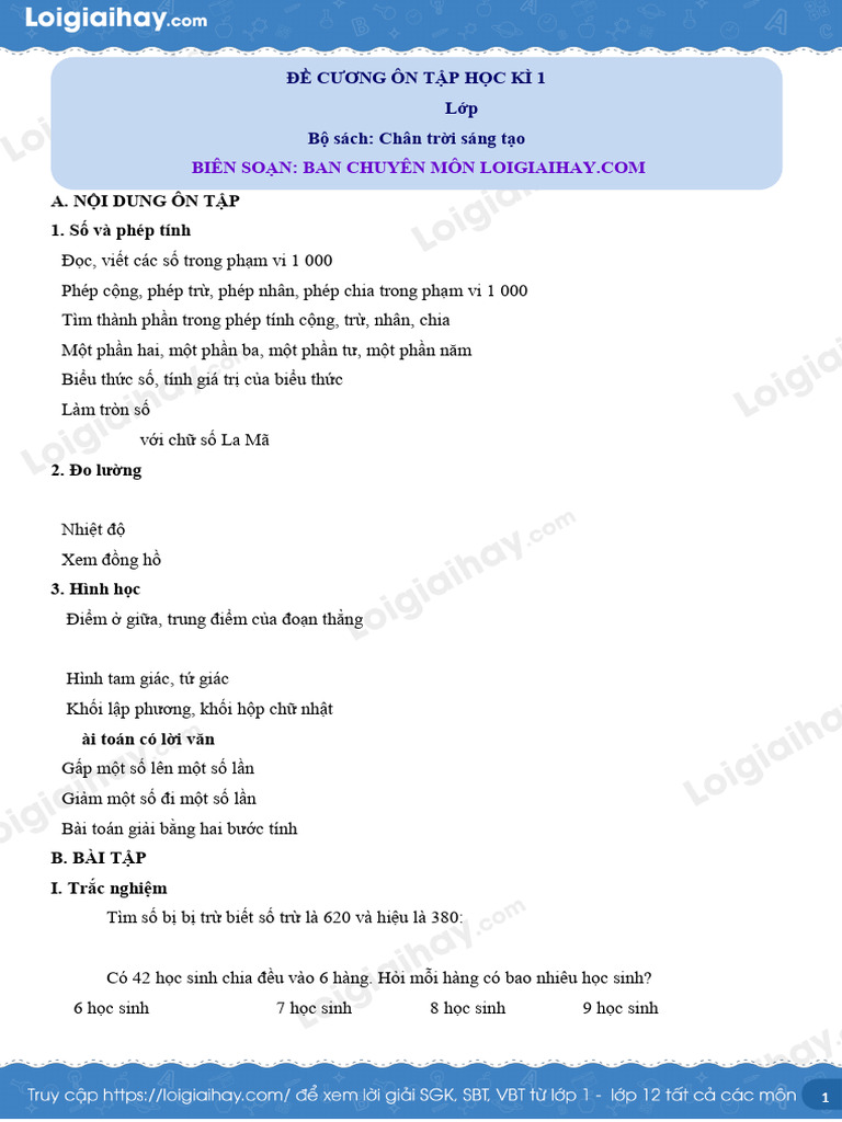 De Cuong On Tap hk1 Toan 3 Chan Troi Sang Tao Co Dap An 1702883978 | PDF