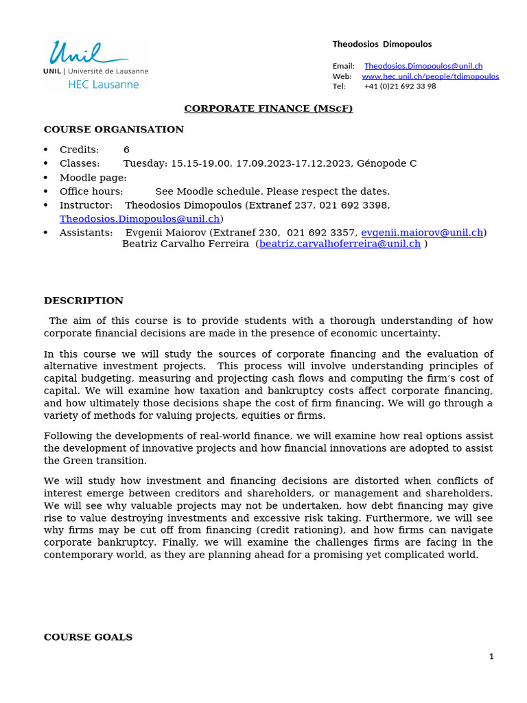 Corporate Finance-Syllabus 2024 | PDF | Capital Structure | Valuation ...