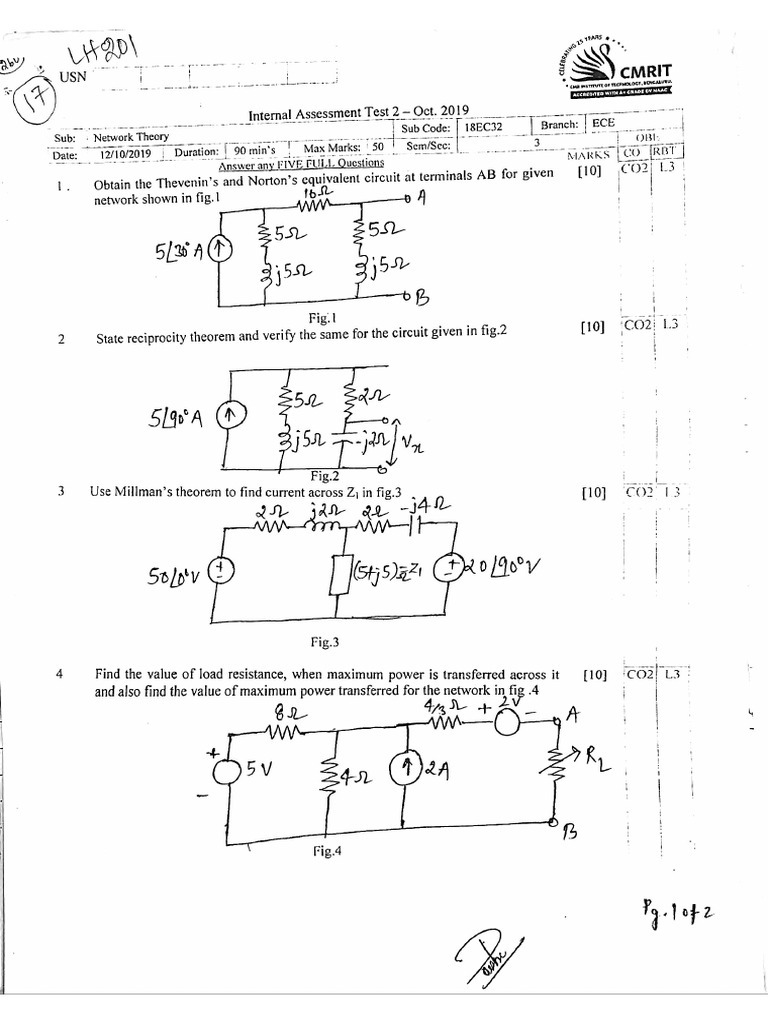 IAT-II Question Paper With Solution of 18EC32 Network Theory Oct-2019 ...