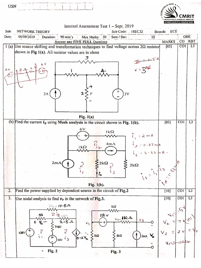IAT-I Question Paper With Solution of 18EC32 Network Theory Sep-2019 ...