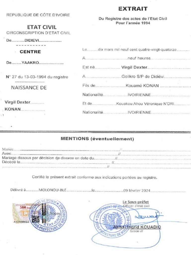 Mariage Exemple Extrait de Naissance Ivoirien - Recherche Google | PDF