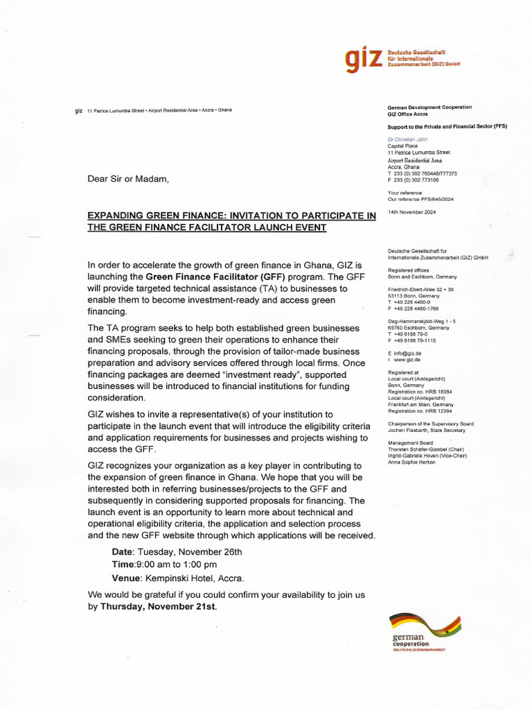 GIZ Official Invitation Letter For Launch of GFF | PDF