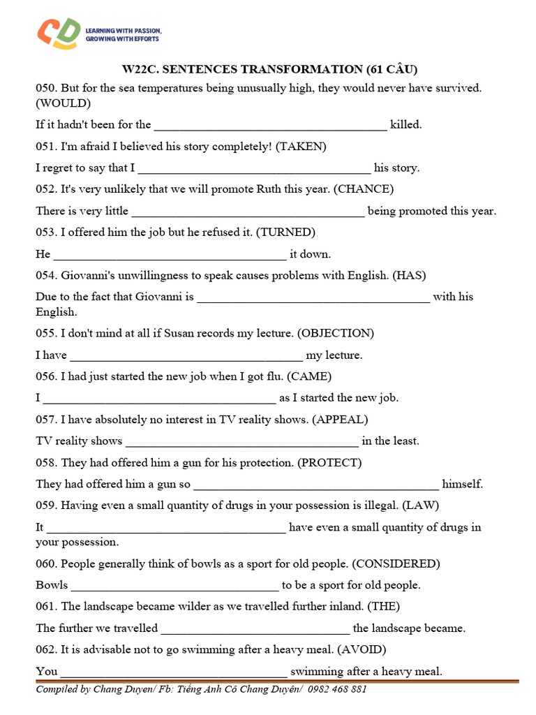 W22C. C1 Sentences Transformation | PDF