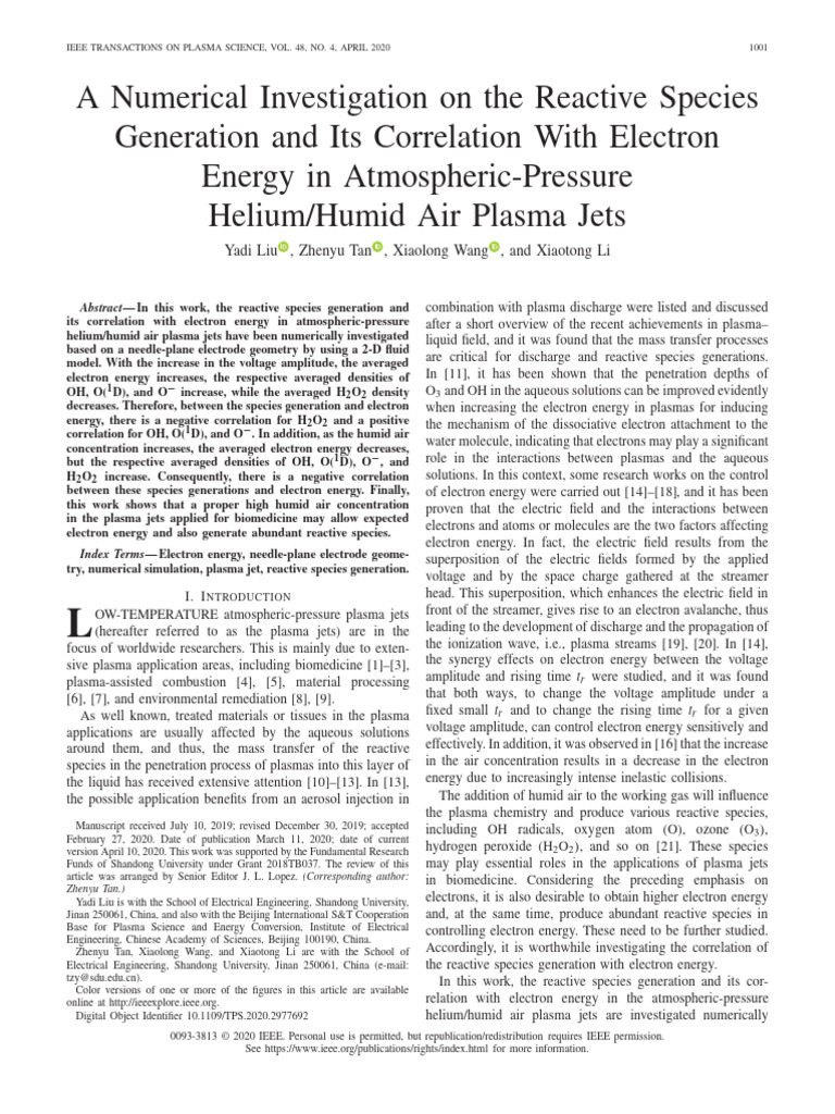 A Numerical Investigation on the Reactive Species Generation and Its ...