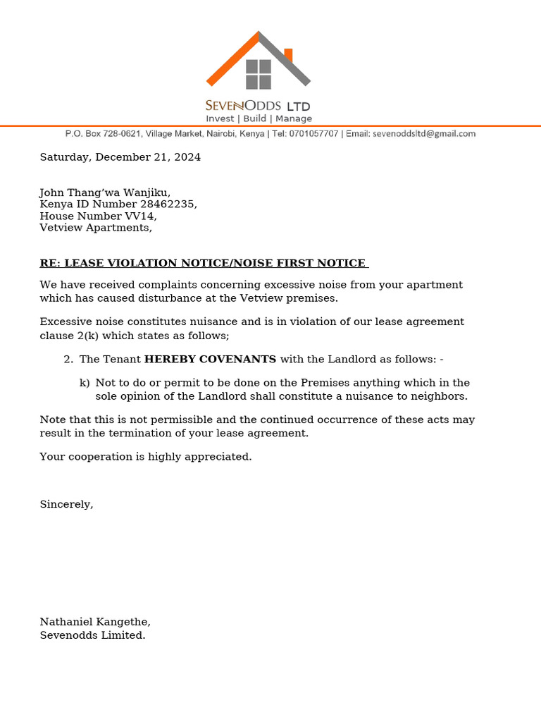 Noise Nuisanse Disturbance First Notice | PDF