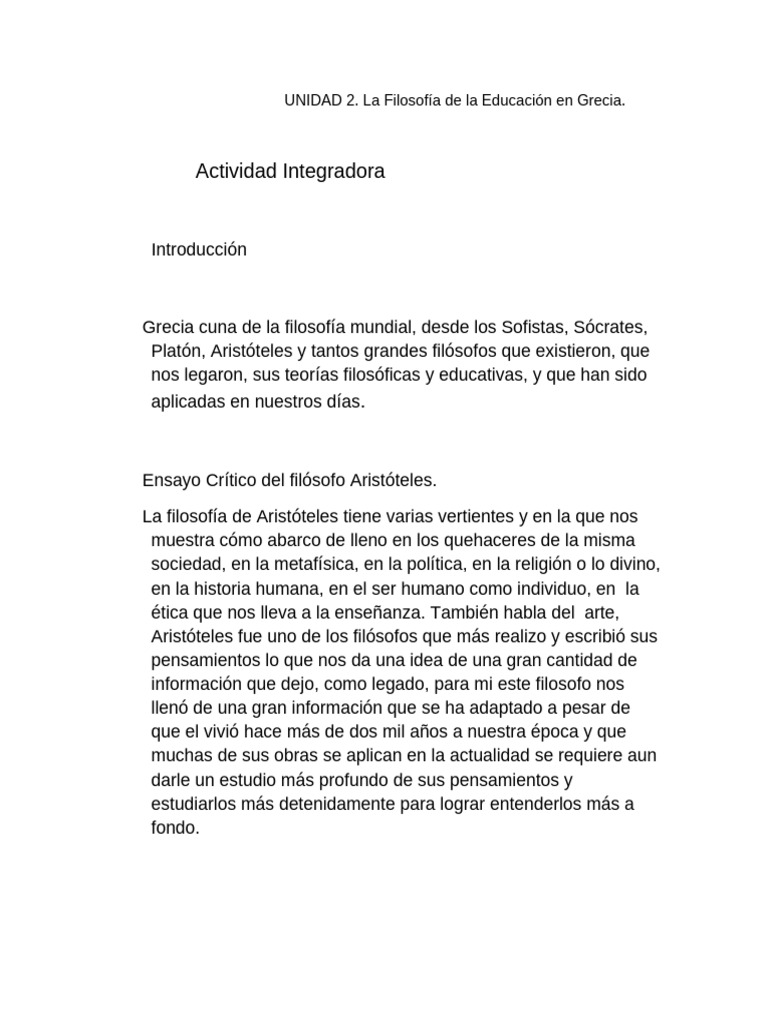 UNIDAD 2 Ensayo | PDF | Aristóteles | Platón